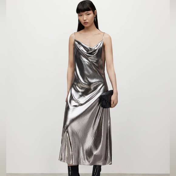 All Saints | Dresses | All Saints Hadley Metallic Midi Slip Dress ...